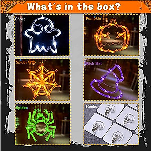 Halloween Decorations,5 Packs with Pumpkin,Ghost,Spider,Witch's Hat,Spider Web Halloween Window Lights with Suction Cup & Hooks,Battery Operated Indoor Window Hanging Lights for Night Window Decor