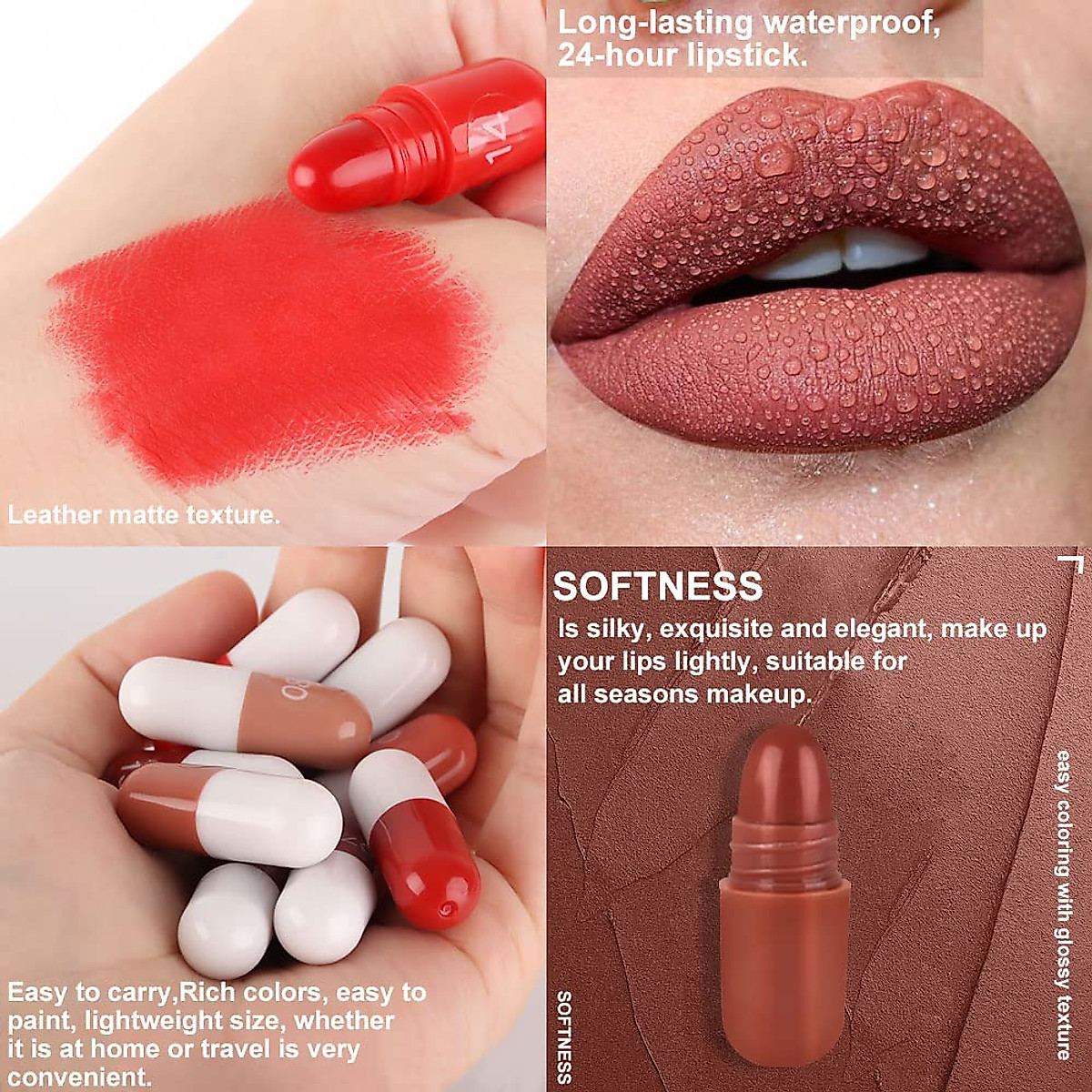 evpct 18Pcs Mini Pills Lipstick Capsule Set for Women Waterproof Long Lasting Deep Red Matte Small Magic Permanent Lipstick 24 Hour Lipstick Bulk Samples Sampler labiales mate 24 horas originales 02
