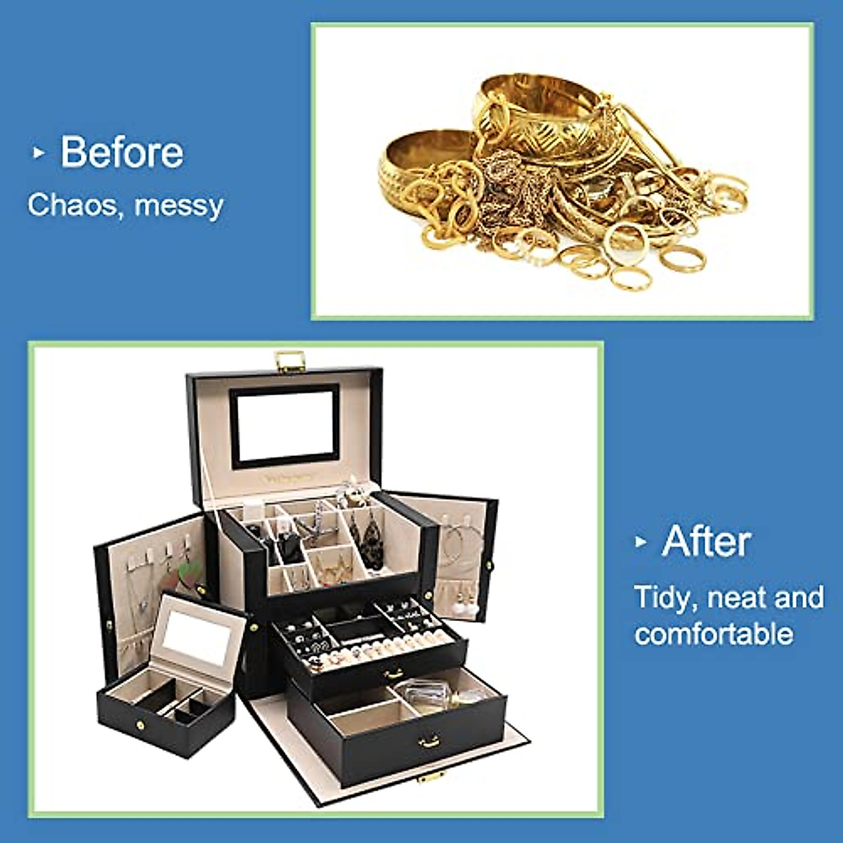 01 besharppin Jewelry Box, 3 Layers Jewelry Organizer with Mirror and Small Portable Case for Earrings Rings Necklaces Bracelet Storage (Black)