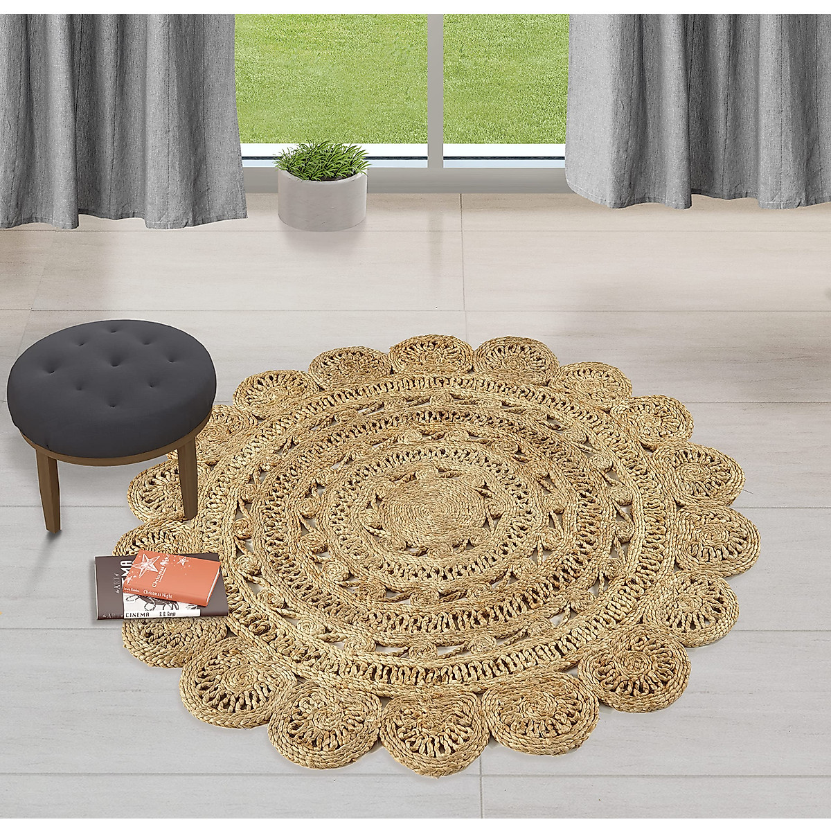 GRUHUM Handwoven 4ft Jute Area Rug-Natural Fiber Round Handmade Boho Farmhouse Rustic Vintage Soft Braided Reversible Rug-Indoor EcoFriendly Kitchen Bedroom Living Room Hallways Enterways 4'feet Round