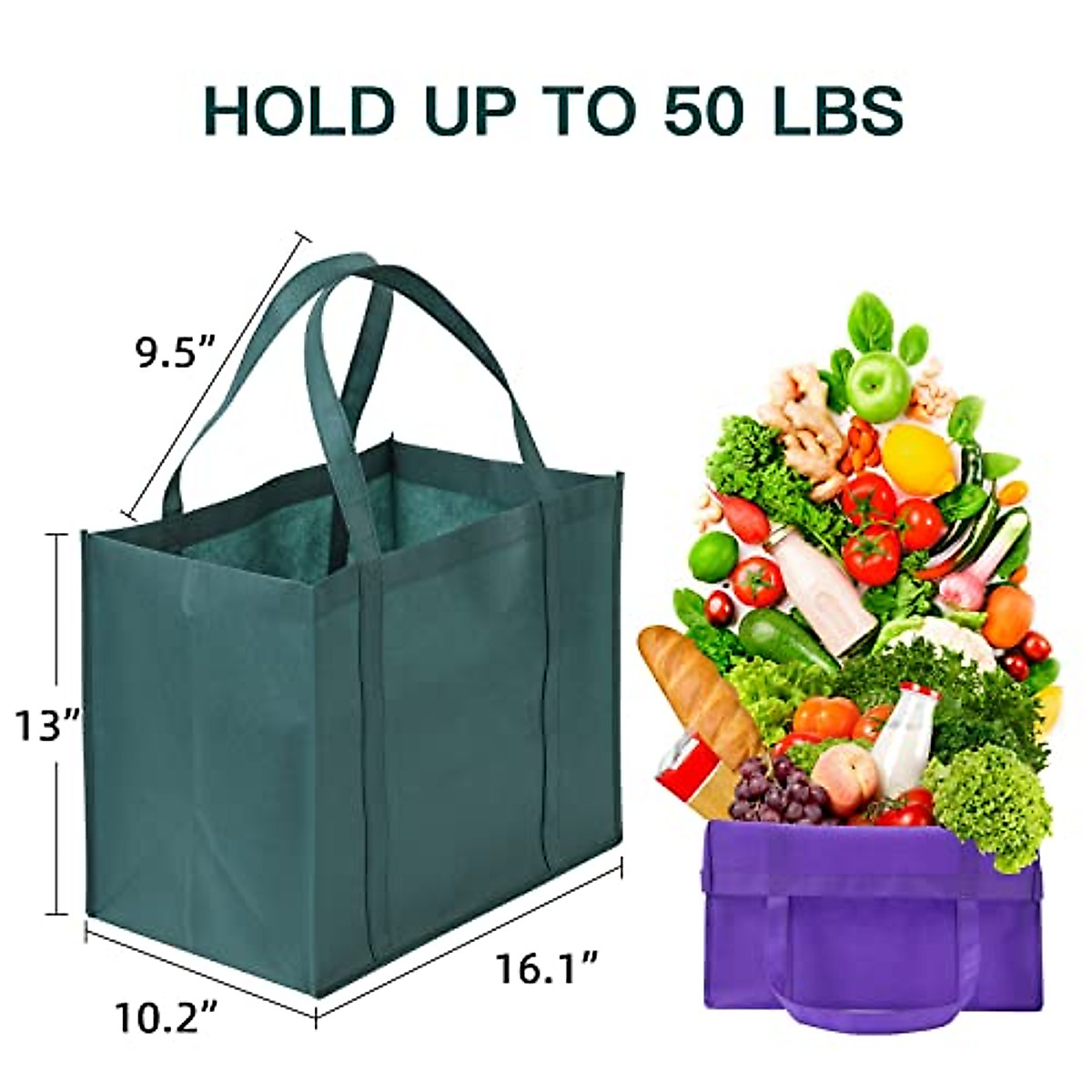 HECTOLIFE 20-Pack Reusable Grocery Bags，Large Washable Foldable Shopping Bags，Heavy Duty Tote Bags with Reinforced Handles(Multicolor)