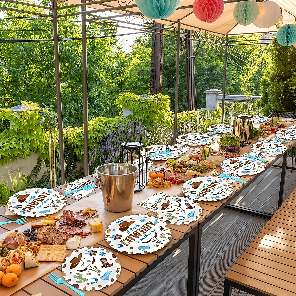 gisgfim 96Pcs Cowboy Baby Shower Plates and Napkins Party Supplies Western Cowboy Party Birthday Tableware Set A Little Cowboy is on the Way Party Decorations for Boy Baby Shower Serves 24