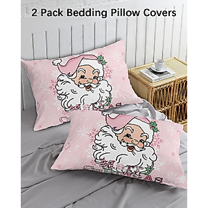 Edwiinsa Blush Pink Santa Pillow Covers Standard Size Set of 2 Bed Pillow, Plush Soft Comfort for Hair/Skin Cooling Pillowcases with Envelop Closure 20x26 Inches Christmas Romantic Snowflake Berry
