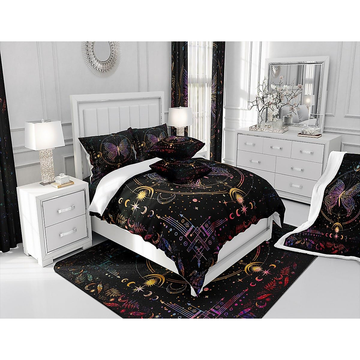 jejeloiu Butterfly Bedding Set Twin Size Kids Sun Moon Comforter Cover Set for Boys Girls Teens Bohemian Duvet Cover Bedspread Cover Room Decorations Quilt Cover(No Comforter)