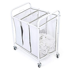 Smart Design Premium Rolling 3 Compartment Mesh Laundry Sorter Hamper w/Wheels & Handles - Steel Metal Frame - VentilAir Fabric Design - Clothes & Laundry - Home Organization (Holds 9 Loads) [White]