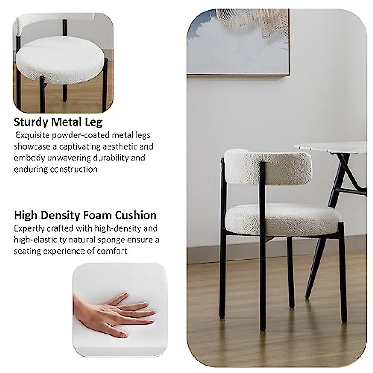 Locus Bono Boucle Dining Chairs Set of 4, Modern Upholstered Dining Room Chairs, Armless Kitchen Chair for Dining Room, Living Room, Black Metal Legs (4 PCS, White)