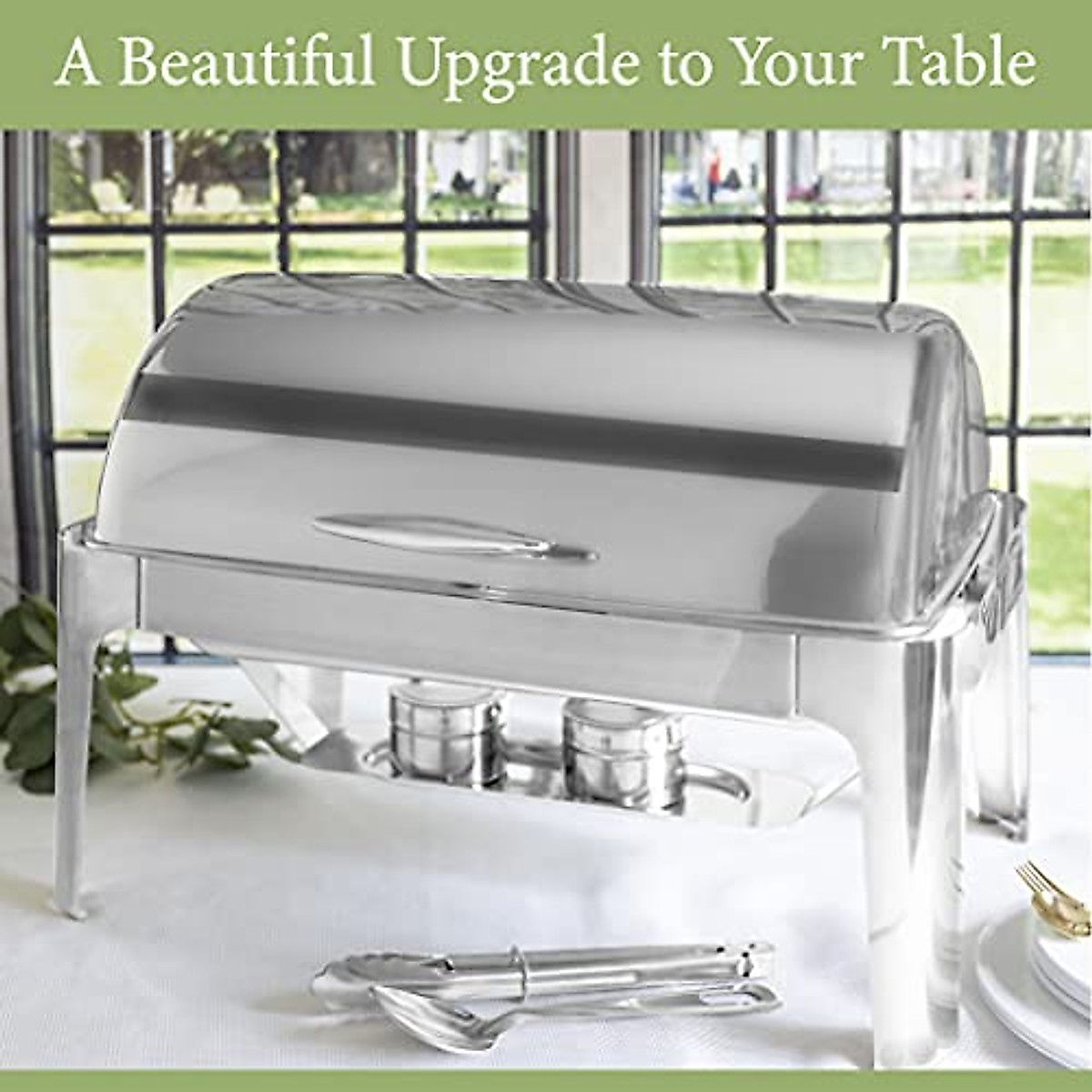 8 Qt Full Size Roll Top Chafing Dish Bundle Stainless Steel - 1 Full Size and Food Pans, 1 Water Pan, 1 Sectional Food Pan, 1 Tung and 1 Serving Spoon - Fuel Holders and Lid + Free Apron,