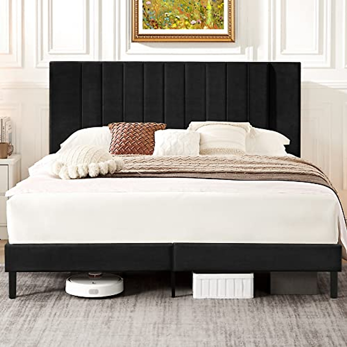 Flolinda King Size Platform Bed Frame with Velvet Upholstered Headboard and Wooden Slats Support, Fully Upholstered Mattress Foundation/No Box Spring Needed/Easy Assembly, Black