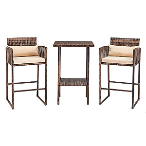 Outvita 3-Piece Outdoor Bar Height Chairs, Rattan High Top Patio Table and Chairs Front Porch Wicker Weaving Furniture Set for Deck Backyard Garden Poolside, Brown
