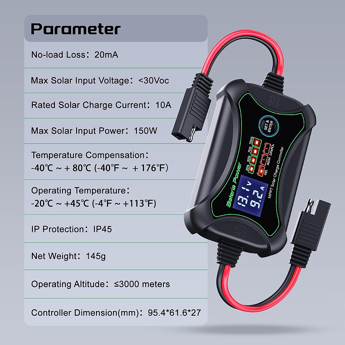 10A MPPT Wireless Solar Charge Controller with BT, Bateria Power 12 Volt Phone APP Intelligent Control Solar Regulator with LCD Display, LED Indicate Light for Gel AGM Lithium LiFePO4(Sunrock 10Pro)