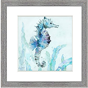 Seahorse & Sea Turtle 12"x12" Coastal Nautical Wallart Picture Frame Print Painting | Set of 2 | Wall Art Ocean Beach Theme | Plexiglass | Matted Cavas Art Print | Bathroom Living Room Decoration