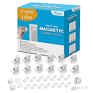 Baby Proofing Magnetic Cabinet Locks - 12 locks + 2 keys bundle with Extra Child Proof Replacement Magnet Key
