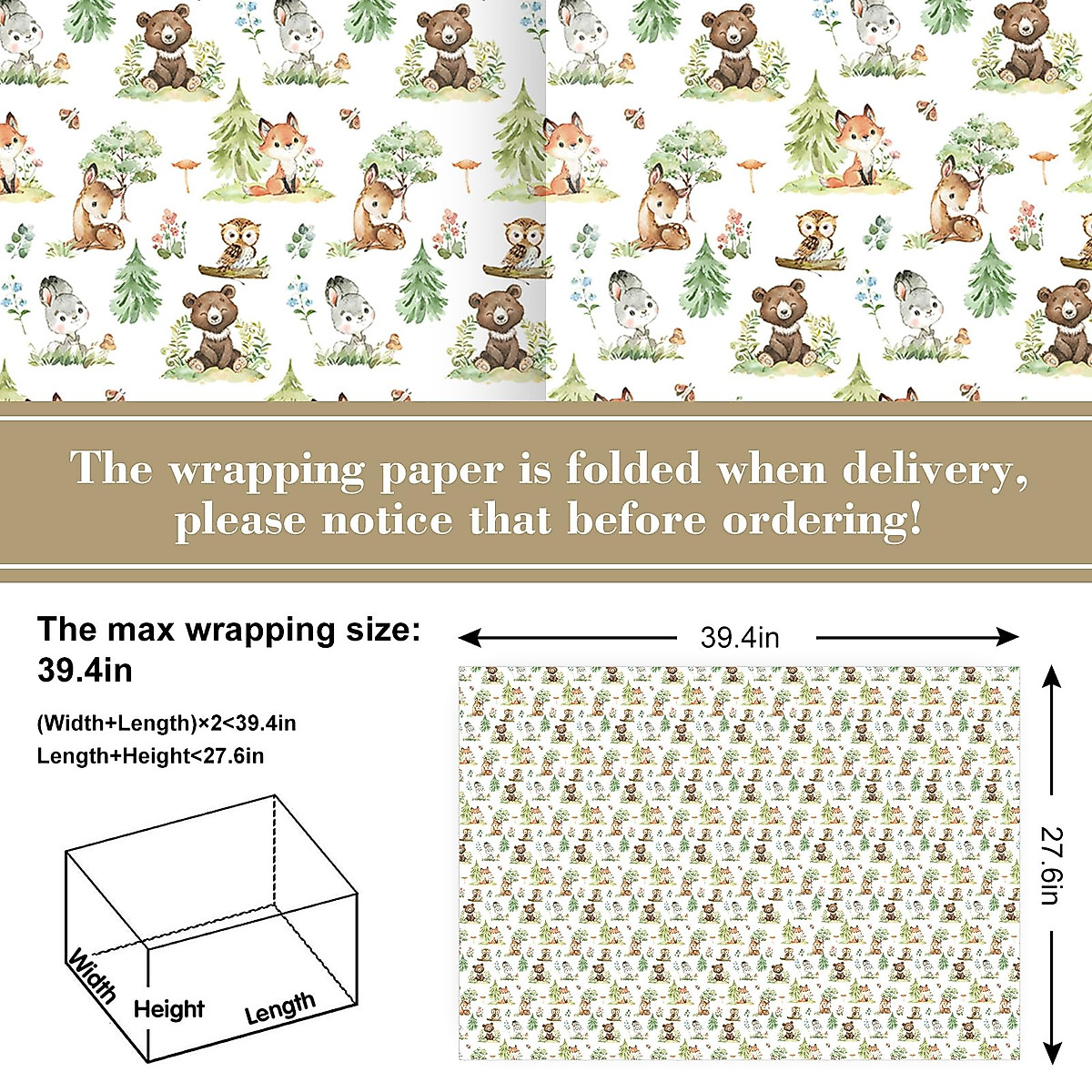 JarThenaAMCS 6 Sheets Woodland Animal Wrapping Paper -Not Roll- Watercolor Forest Jungle Animal Gift Wrap Paper Folded Flat DIY Art Craft Paper for Party Packaging, 39.4 x 27.6 Inch