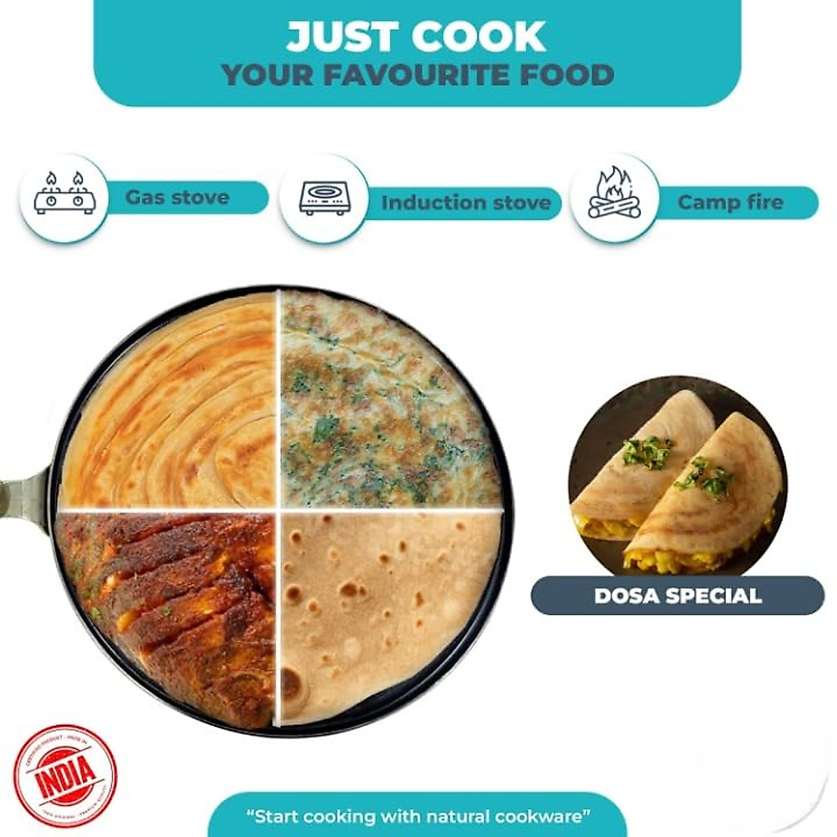 KASHVIYA Pre-Seasoned Iron Flat Dosa/Omelette/Roti/Chapati Tawa with Wooden Handle, Medium 10.5 Inch/27 Cm Gas&Induction Compatible | 100% Pure & Toxin-Free Iron, No Chemical Coating