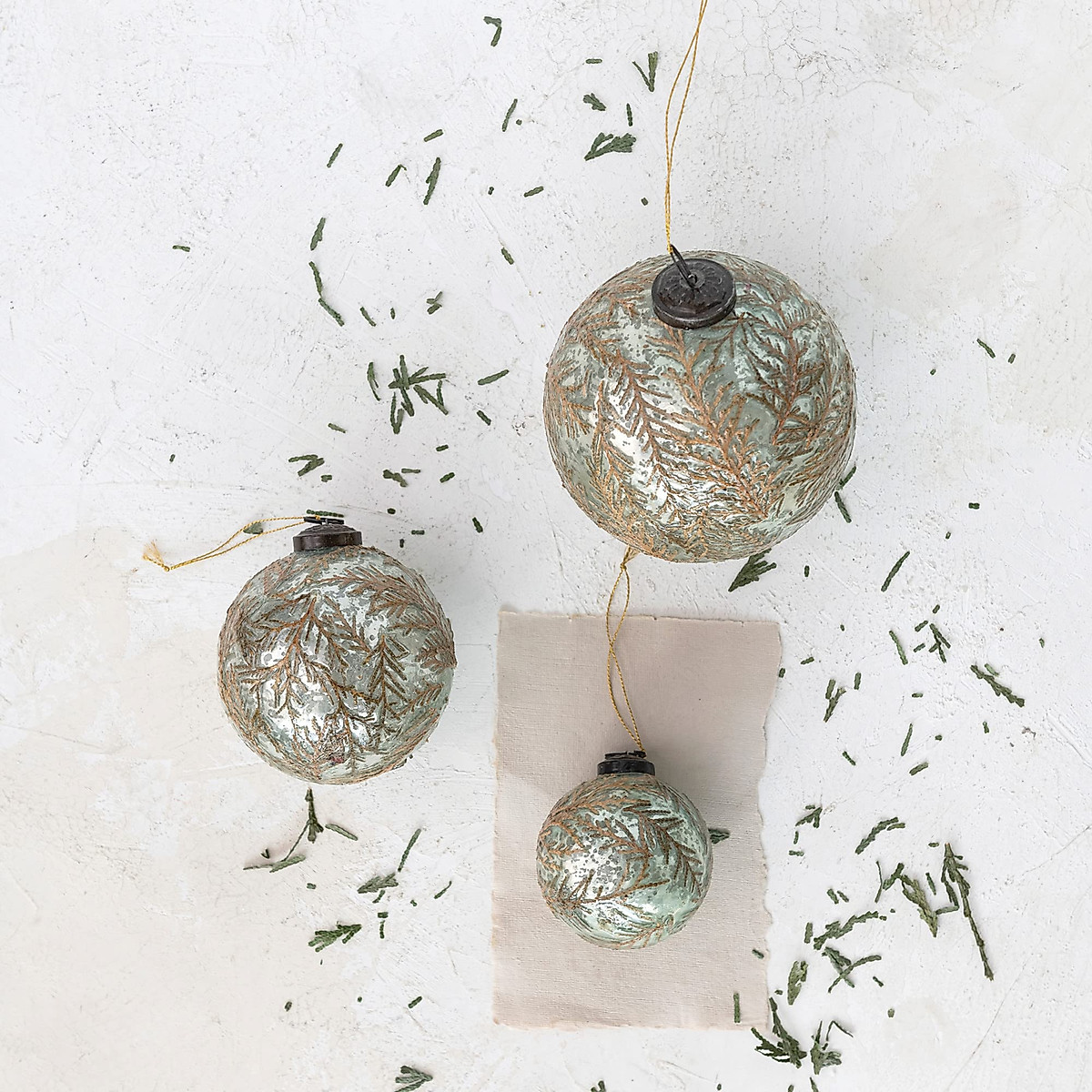 Creative Co-Op 5' Round Mercury Glass Ball Ornament w/Embedded Juniper Needles, Mint Color