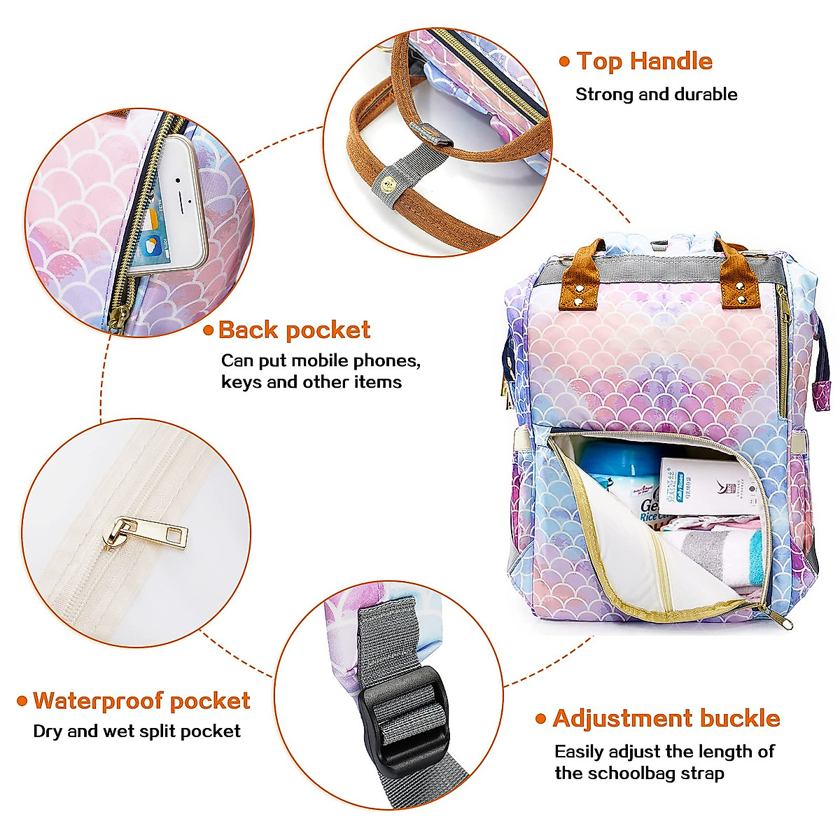 Mermaid Diaper Bag Backpack, Waterproof Baby Care Bag, Women Travel Baby Nappy Changing Bag