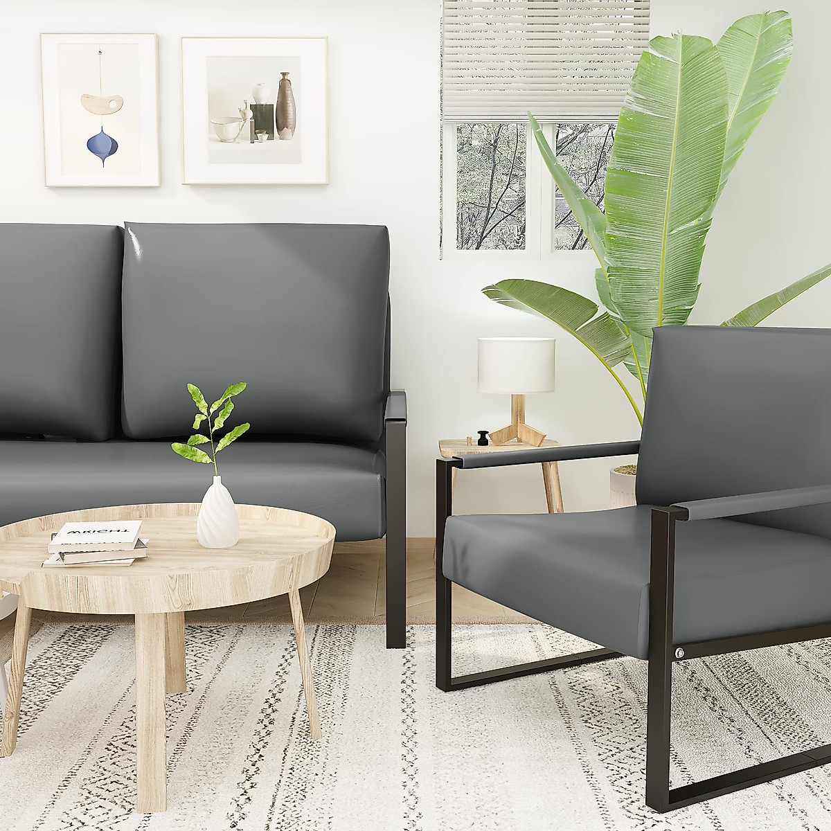 DKLGG Mid-Century Loveseats Sofa Couch, Faux Solid Leather Loveseat Sofa, Upholstered Faux Leather Couch 2-Seat Metal Armchair, Lounge Accent Chair for Living Room, Small Space, Studio, Apartment