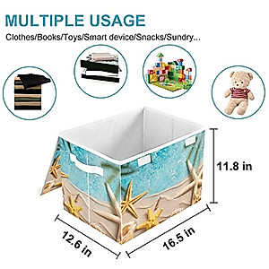 CaTaKu Palm Starfish Beach Storage Bins with Lids and Handles, Fabric Large Storage Container Cube Basket with Lid Decorative Storage Boxes for Organizing Clothes