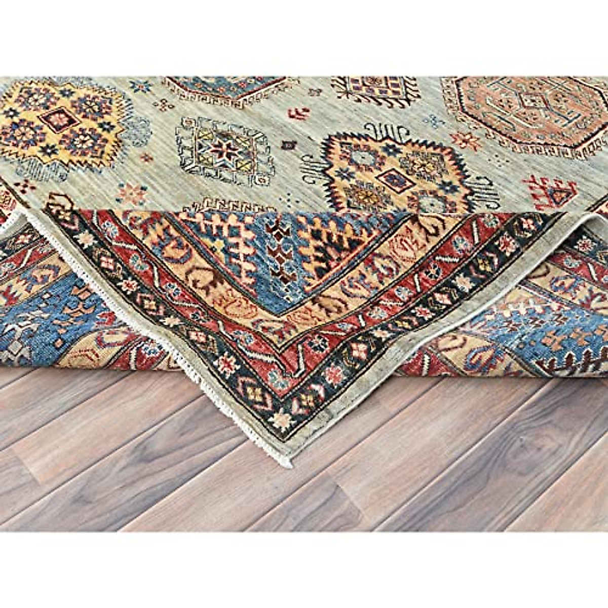 Shahbanu Rugs Light Gray Vegetable Dyes Dense Weave Soft Wool Hand Knotted Afghan Super Kazak with Geometric Medallions Oriental Rug (8'10"x12'1")