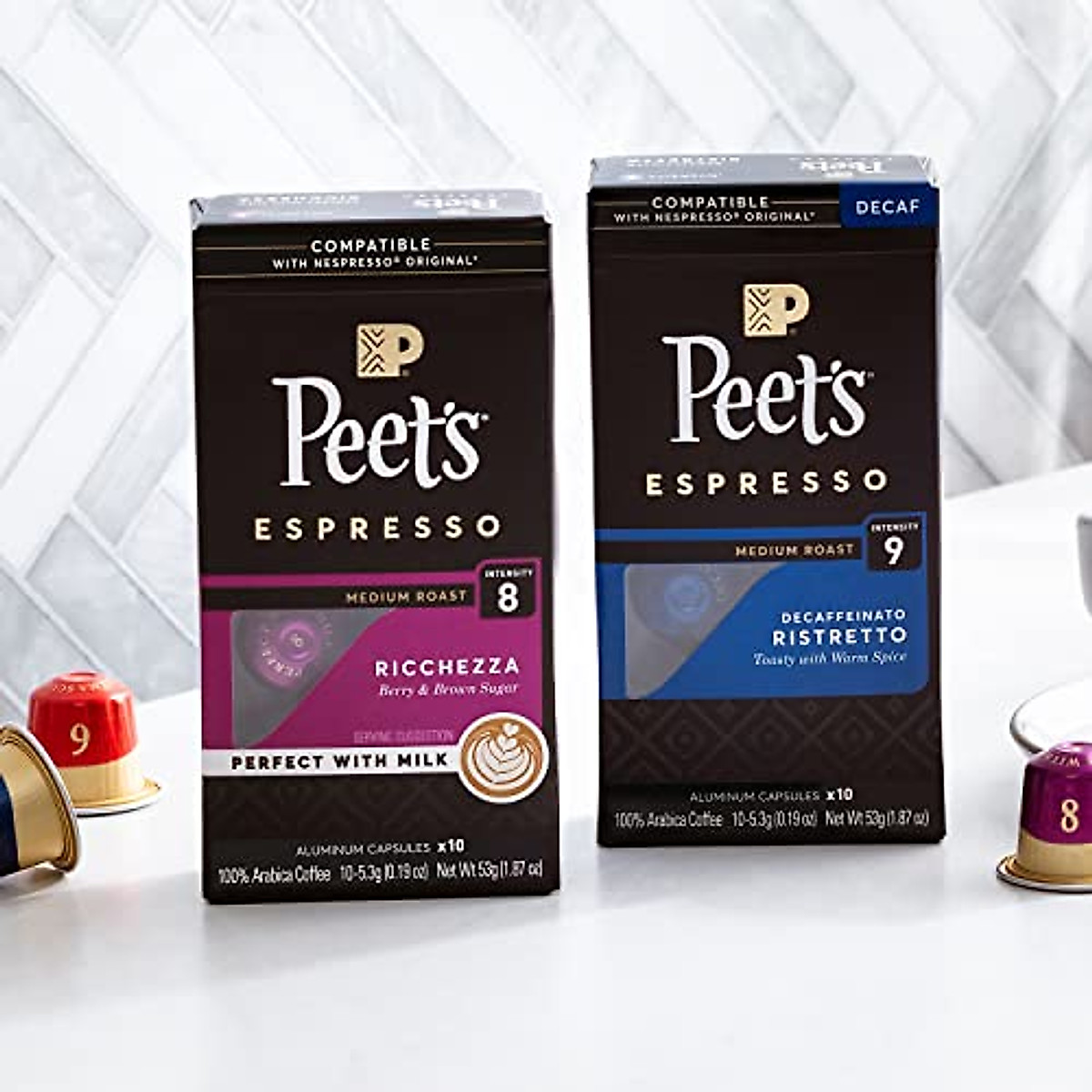 Peet's Coffee, Medium Roast Espresso Pods, Cafe Inspired Ricchezza Intensity 8, 10 Count (1 Box of 10 Espresso Capsules)