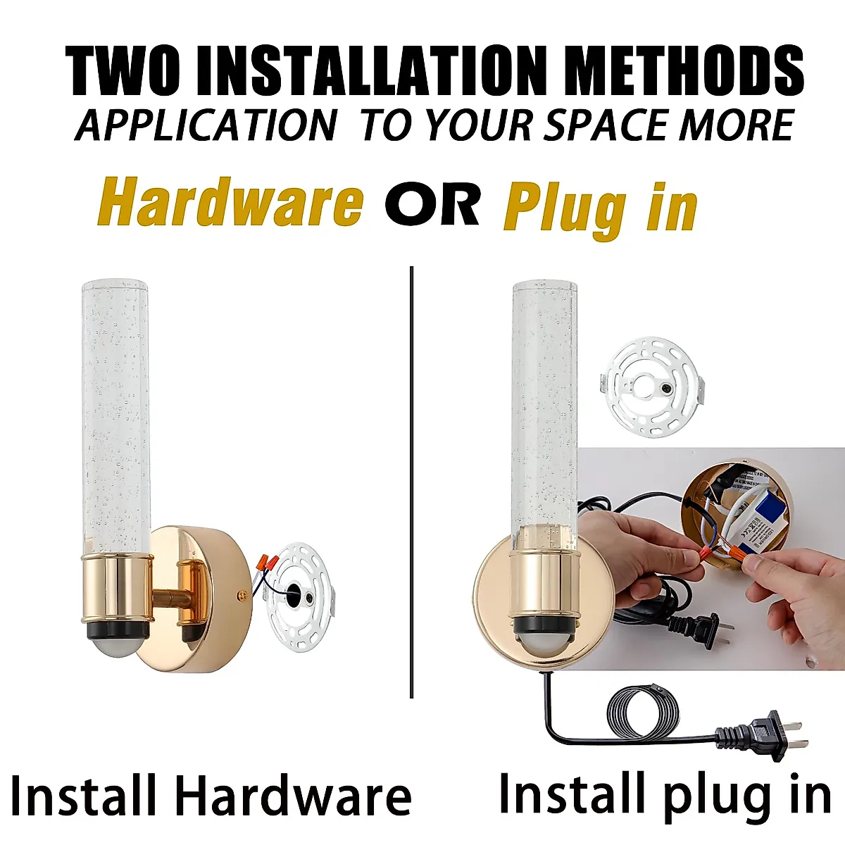 YZMARYT Wall Sconces Set of Two, Gold Wall Sconce, 11inch Wall Sconces Indoor, Bathroom Sconce, Bubbled Crystal Glass 10W Bathroom Vanity Light, Suitable for Bathroom, Hallway, Bedroom (Set of 2)