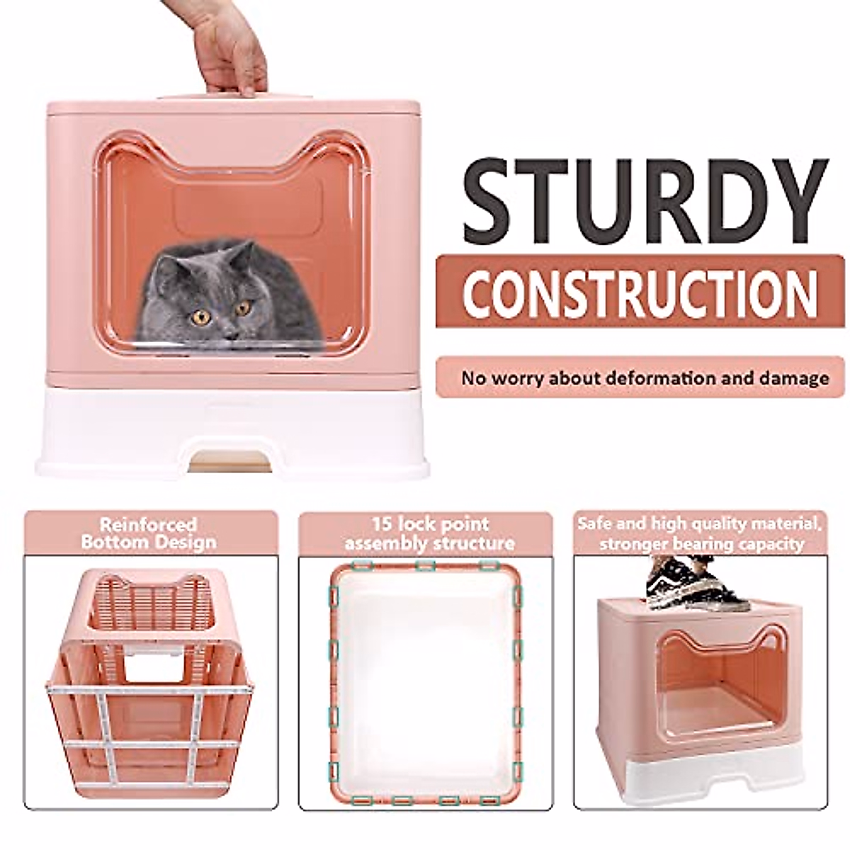 Foldable Cat Litter Box with Lid, Enclosed Cat Potty, Top Entry Anti-Splashing Cat Toilet, Easy to Clean Including Cat Litter Scoop and 2-1 Cleaning Brush (Pink), Large