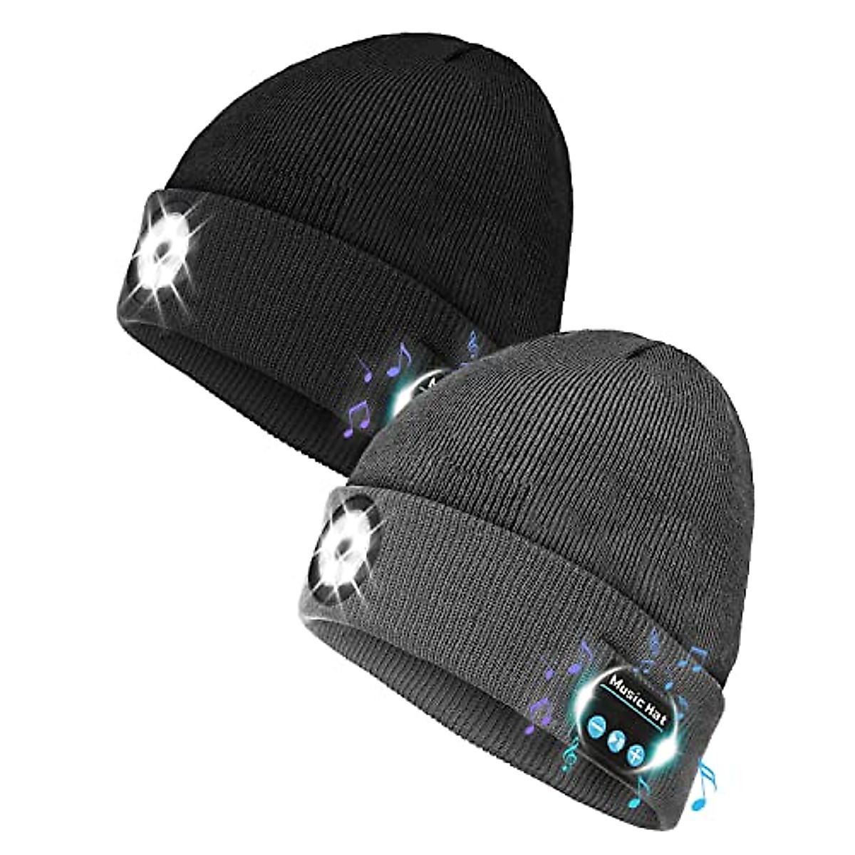 Bluetooth Beanie Hat with Light 2 Pack, 5 LED Rechargeable Headlamp Cap with Wireless Headphones, Unisex Knitted Bluetooth Hat, Women Men Gift Stocking Stuffers for Dad Father Husband (Black&Grey)