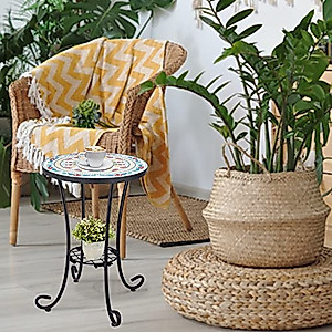VCUTEKA Outdoor Side Table Mosaic Patio Table Accent Table Mosaic Tile Top Metal Frame Small End Table Porch Beach Patio Garden Balcony Beige 14''