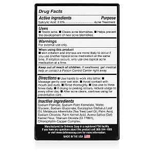 Defense Acne Care Bar Soap 4.2oz | contains 2% Salicylic Acid, Tea Tree & Eucalyptus Essential Oils & Oatmeal