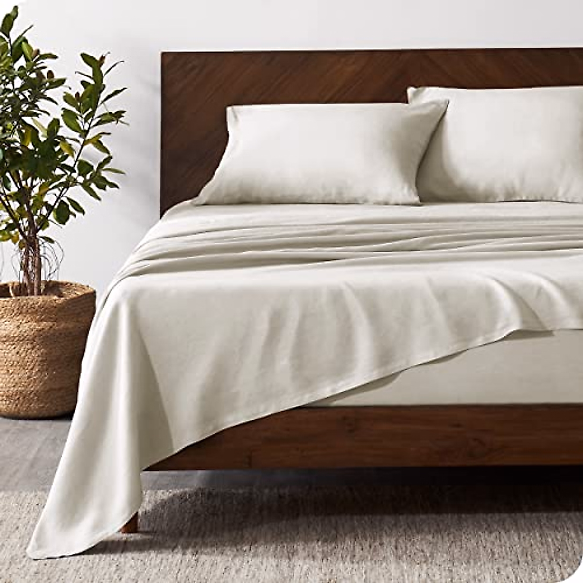 Bare Home Queen Sheet Set - Luxury 100% Linen Queen Bed Sheets - Deep Pockets - Easy Fit - 4 Piece Set - Bedding Sheets & Pillowcases (Queen, Soft White)