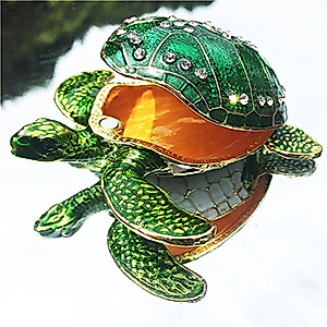 Waltz&F Sea Turtle Crystal Studded Pewter Jewelry Trinket Box Bejeweled Hand-painted Ring Holder Mother`s day Gift