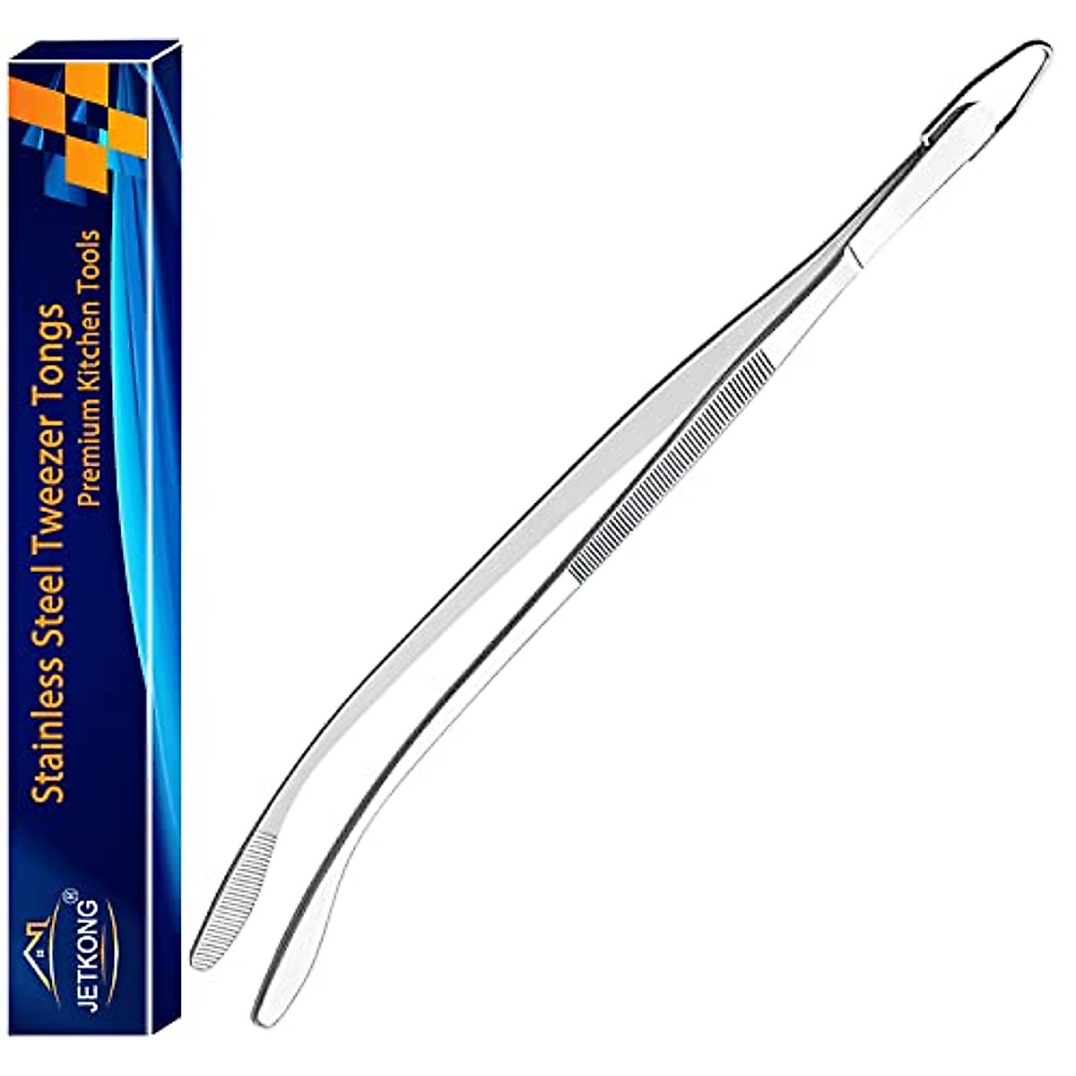 JETKONG 12-Inch Kitchen Tweezer Tongs Stainless Steel Cooking Tweezers Curved Tips Tweezers for Cooking, Grilling and Repairing