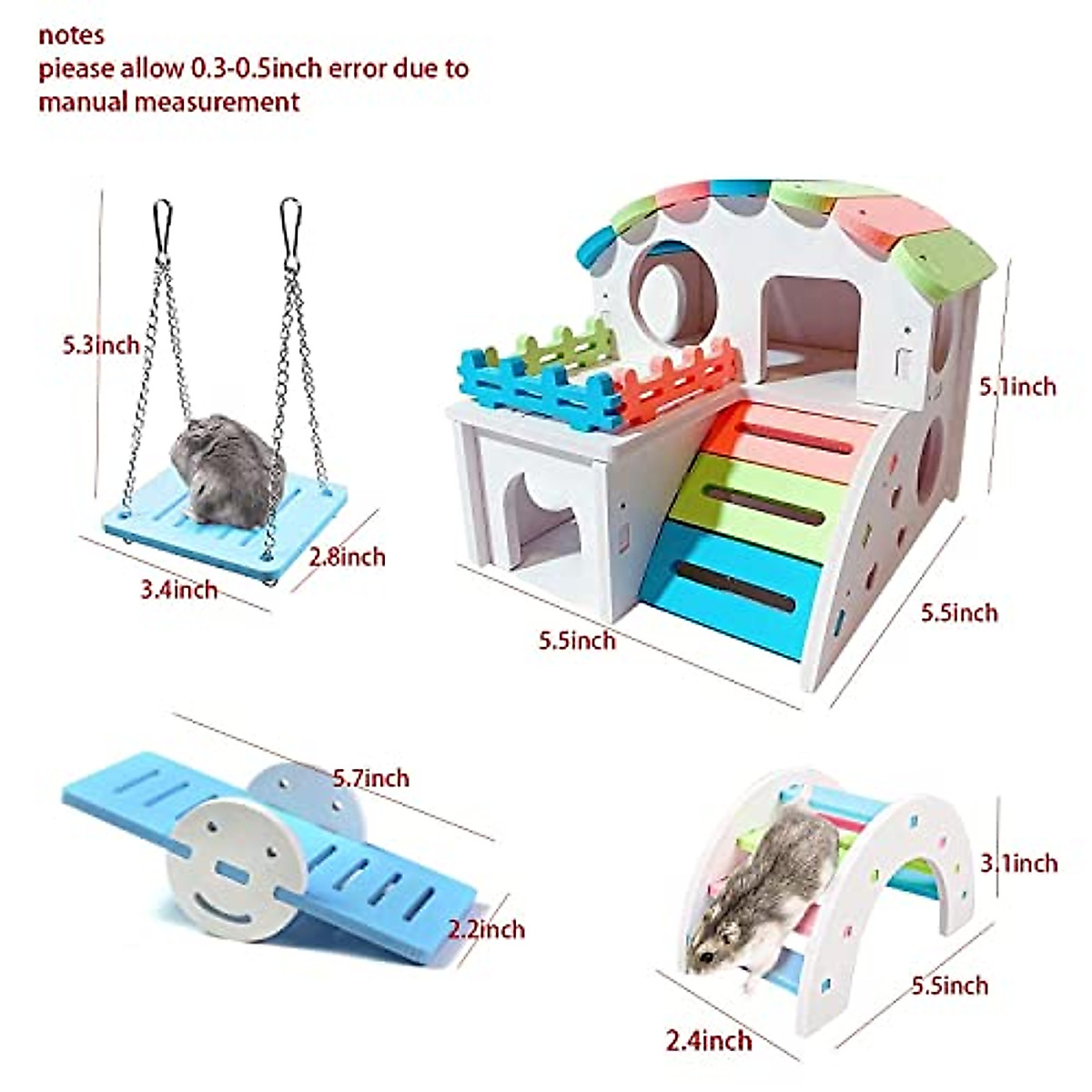 YUEKUA 4 Pieces of Hamster Toy Accessories DIY Gerbil Hiding House, Rainbow Bridge Swing, Hamster Seesaw Toy, Small Animal Fitness chew Toys
