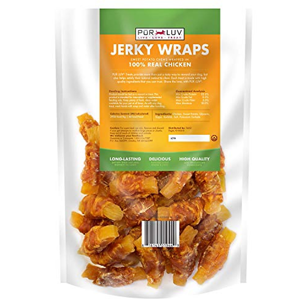 Pur Luv Chicken and Sweet Potato Jerky Wraps Rawhide Free Dog Treats, Healthy, Easily Digestible, Long Lasting, and High Protein Dog Treat, 16 oz, Brown