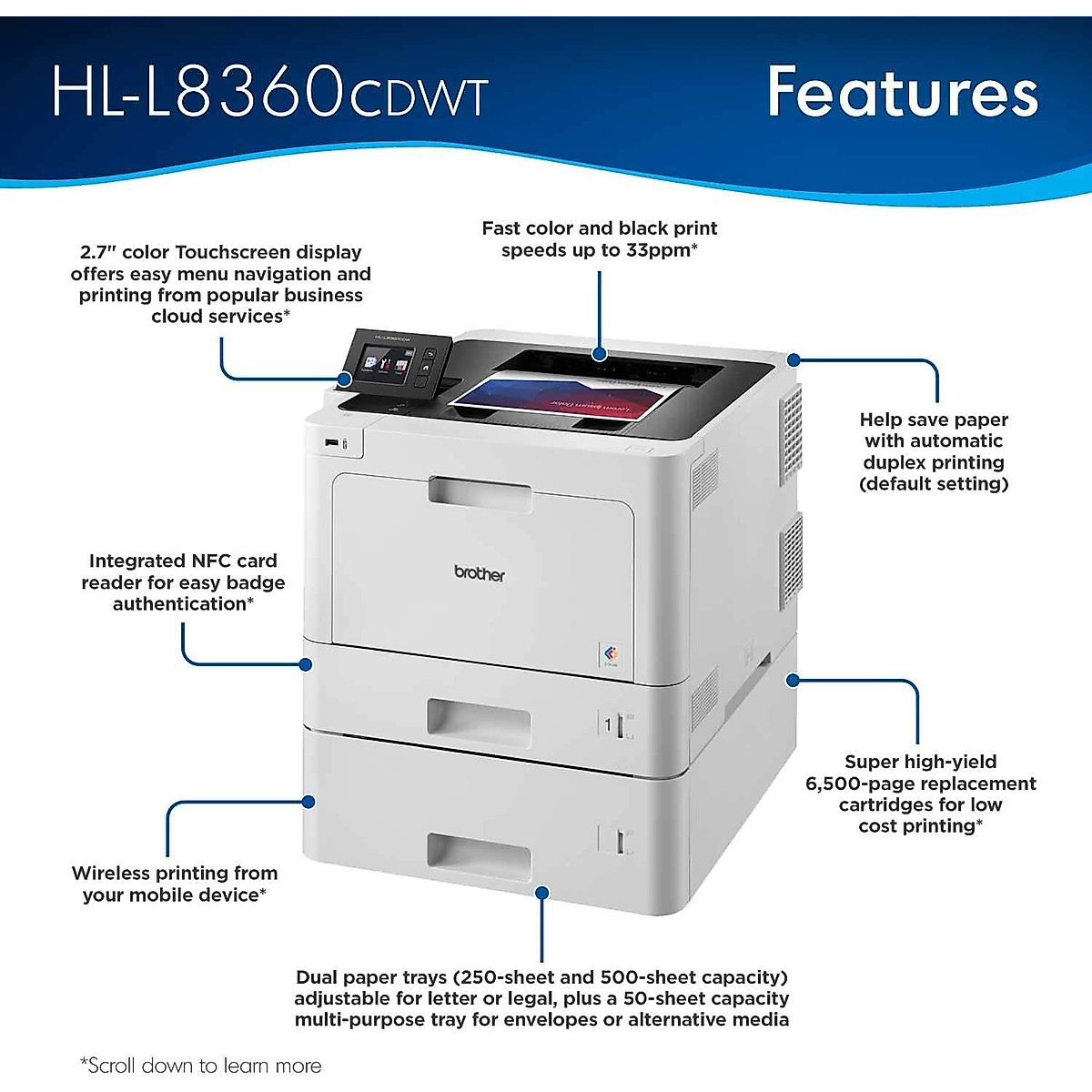 Brother HL-L8360CDWT Business Color Wireless Laser Printer Single-Function - Print Only - 2.7" Touchscreen LCD, 33 ppm, 600 x 2400 dpi, Auto Duplex Printing, 1GB Memory, Dual Trays, NFC, Ethernet
