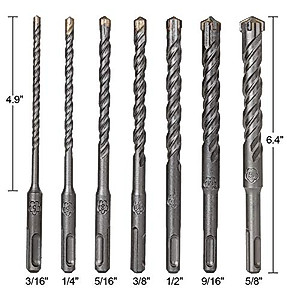 APACALI 9 Piece SDS Plus Masonry Drill Bit Set 3/16" - 5/8" Carbide Tip Rotary Hammer Drill Bits with 3/8 inch SDS-Plus Shank for Brick, Masonry, Concrete, Rock, Ceramic Tile, Cement