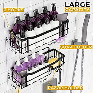 MAYRO Rustproof Shower Caddy - Easy to Install Shower Shelves - Self Adhesive Bathroom Shower Organizer - Durable Shower Shelf for Inside Shower - Large Capacity Shower Rack - Black Shower Caddy