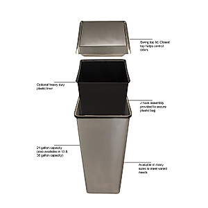 Witt Industries 1411HTSS Stainless Steel 21-Gallon Waste Watcher Hamper and Swing Top Receptacle, Square, 15" Width x 15" Depth x 38" Height, Silver