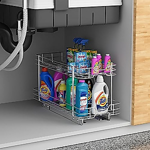 2 Tier Pull-out Cabinet Organizer, 11"W x 21"D Kitchen Under Sink Organizer, Slide Out Home Spice Rack Storage Shelves for Pots and Cans, Drawer Pantry Shelf Organization for Bathroom Base, Chrome