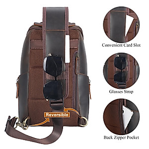 TIDING Full Grain Leather Sling Bag For Men Outdoor Travel Shoulder Chest Daypack Fits 10.5" iPad