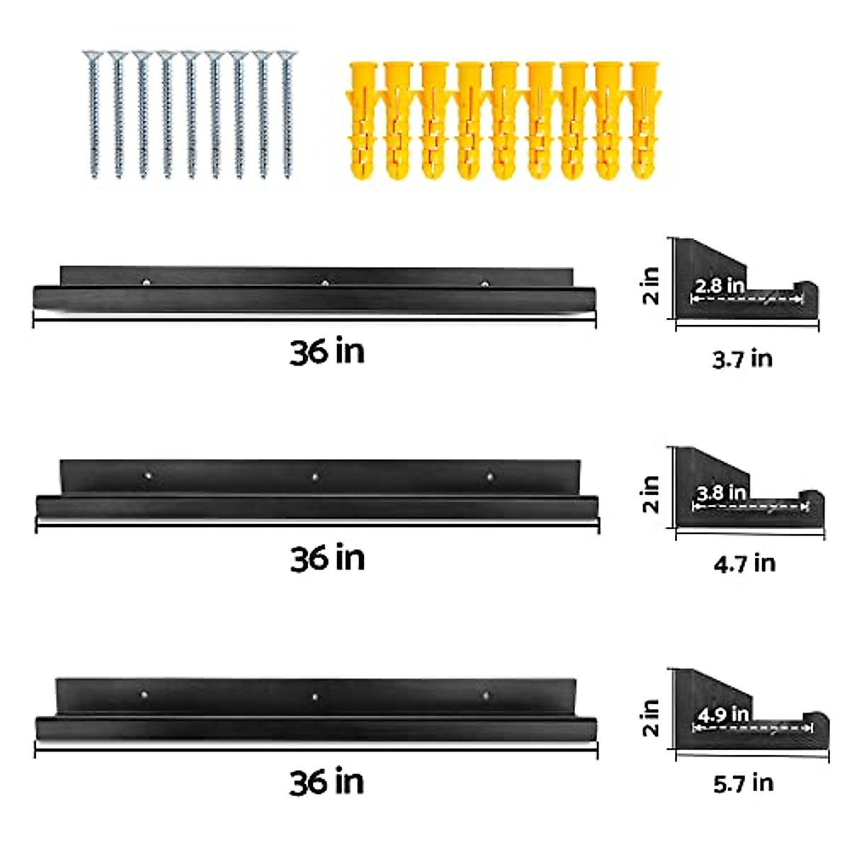 Annecy Floating Shelves Wall Mounted Set of 3, 36 Inch Black Rustic Wood Shelves for Wall, Wall Storage Shelves with Guardrail Design for Bedroom, Bathroom, Kitchen, Office, 3 Different Sizes