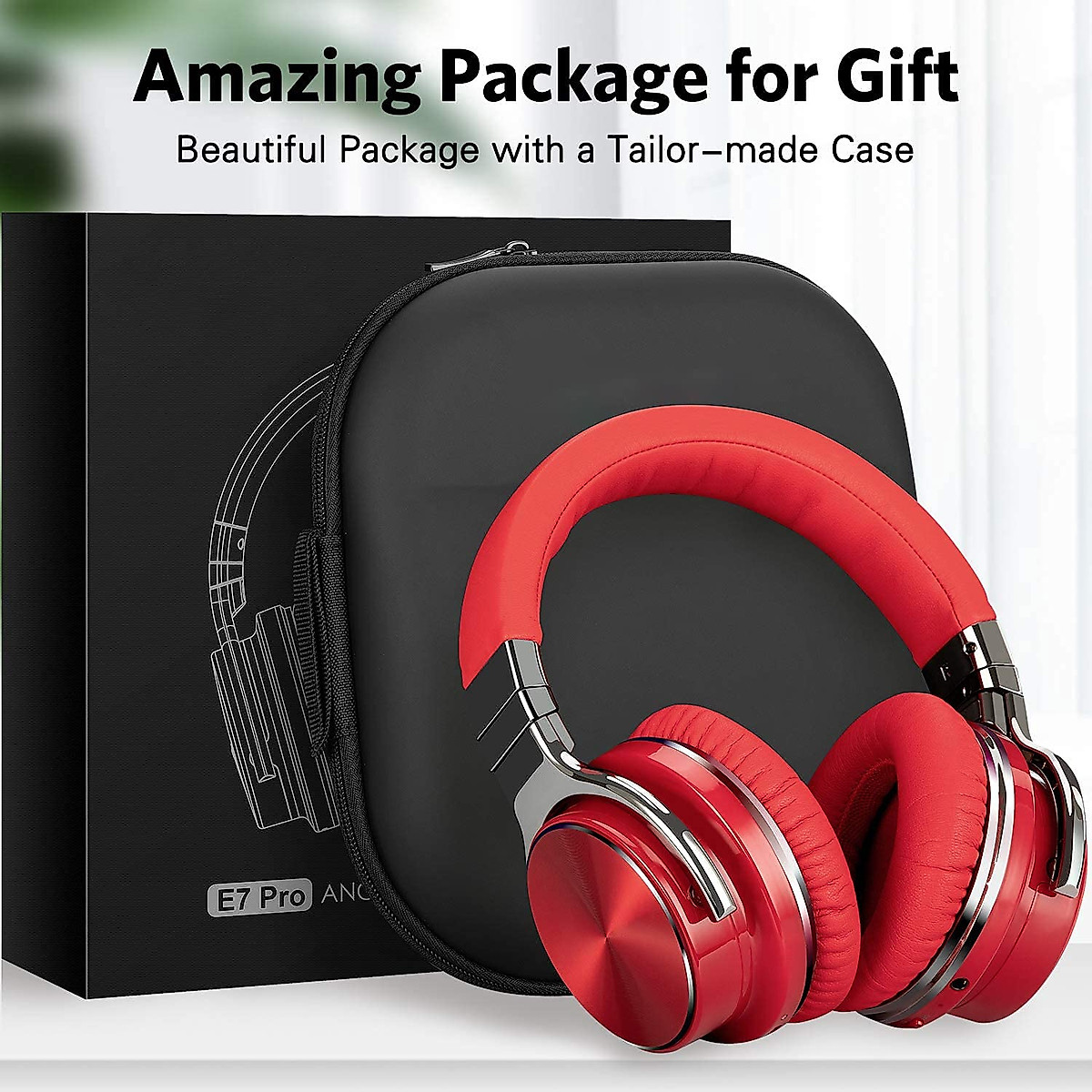 meidongg Active Noise Cancelling Headphones Bluetooth Headphones with Microphone Deep Bass Wireless Headphones Over Ear, Comfortable Protein Earpads, 30 Hours Playtime for TravelWork (Red)