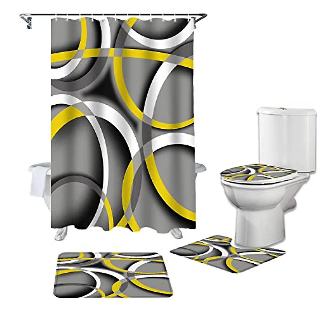 EwdeWwo Modern Art 4 Piece Shower Curtain Sets with Non-Slip Rugs, Toilet Lid Cover and Bath Mat, Yellow Gray and White Circle Abstract Geometric Shower Curtain with Hooks, Durable and Waterproof