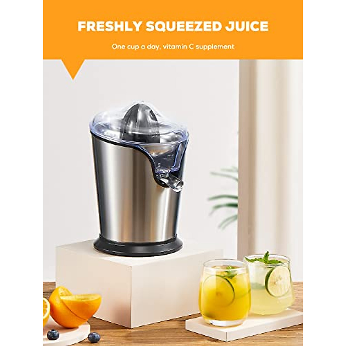 Aiheal Electric Citrus Juicer, Orange Juicer Squeezer with Two Interchangeable Cones Suitable for All Size of Citrus Fruits, Anti-drip Spout and Ultra Quiet Motor, BPA Free, Brushed Stainless Steel