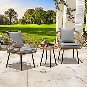 YITAHOME Outdoor 3 Pieces Bistro Set, Wicker Patio Furniture Set, All-Weather Rattan Conversation Set for Balcony, Backyard, Pool, Porch, Deck - Grey
