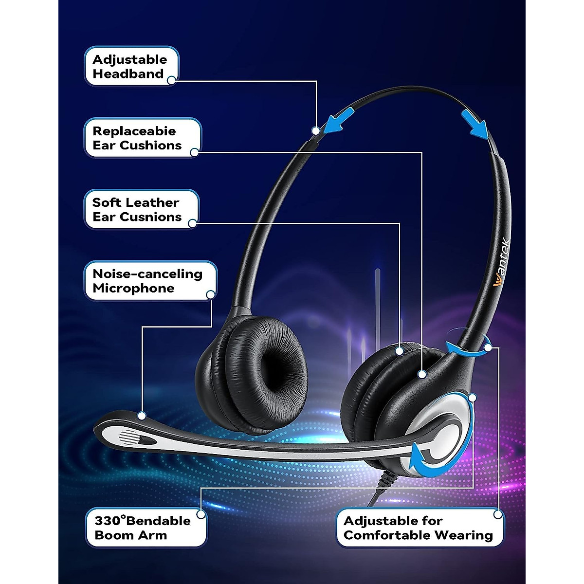 Wantek Corded Telephone Headset Dual w/Noise Canceling Mic + Quick Disconnect Compatible with ShoreTel Zultys NEC Aspire Dterm Nortel Norstar Meridian Siemens ROLM Packet8 Landline Deskphones(602QS2)