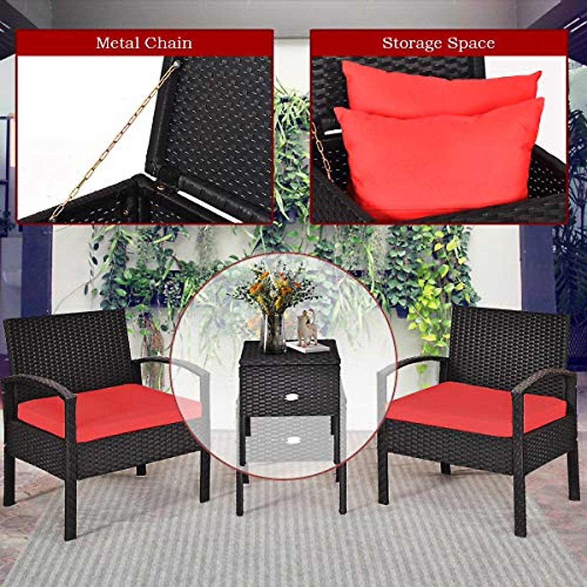 Tangkula 3 Pieces Patio Wicker Conversation Set, Outdoor Rattan Furniture with Washable Thick Cushion & Coffee Table w/Storage Space, Patio Furniture Set for Backyard Porch Garden Poolside (Red)