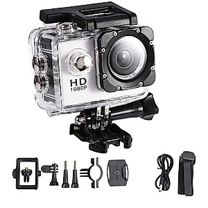 Action Camera 12MP Waterproof 30m Outdoor Sports Video Camera 1080P Full LCD Mini Camcorder with 900mAh Rechargeable Batteries and Mounting Accessories Kits(White)