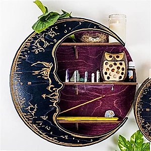 Crescent Moon Shelf for Crystals Stone Essential Oil, Small Plant and Art - Wall Room and Gothic Witchy Decor- Moon Phase Rustic Boho Shelfs - Wooden Hanging Floating Shelves (Purple)
