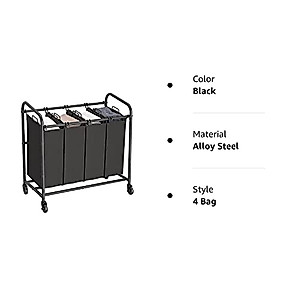 Wisdom Star 4 Bag Laundry Sorter Cart, Laundry Hamper Sorter with Heavy Duty Rolling Wheels and Removable Bags for Clothes Storage,Laundry Organizer Laundry Basket Laundry Clothes Hamper, Black